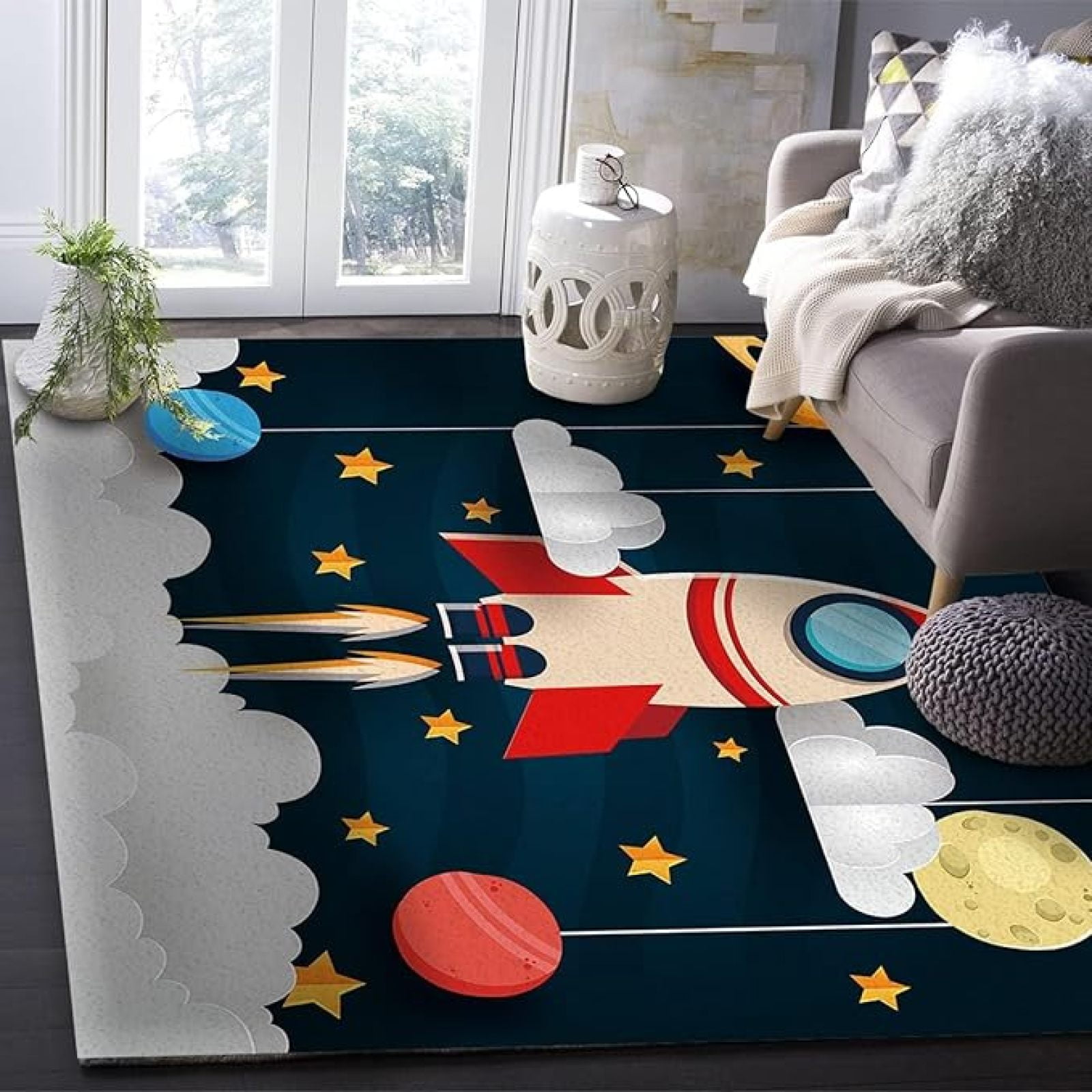 Cartoon Rocket Area Rug, Cartoon Planet Universe Non Slip Print Rugs ...