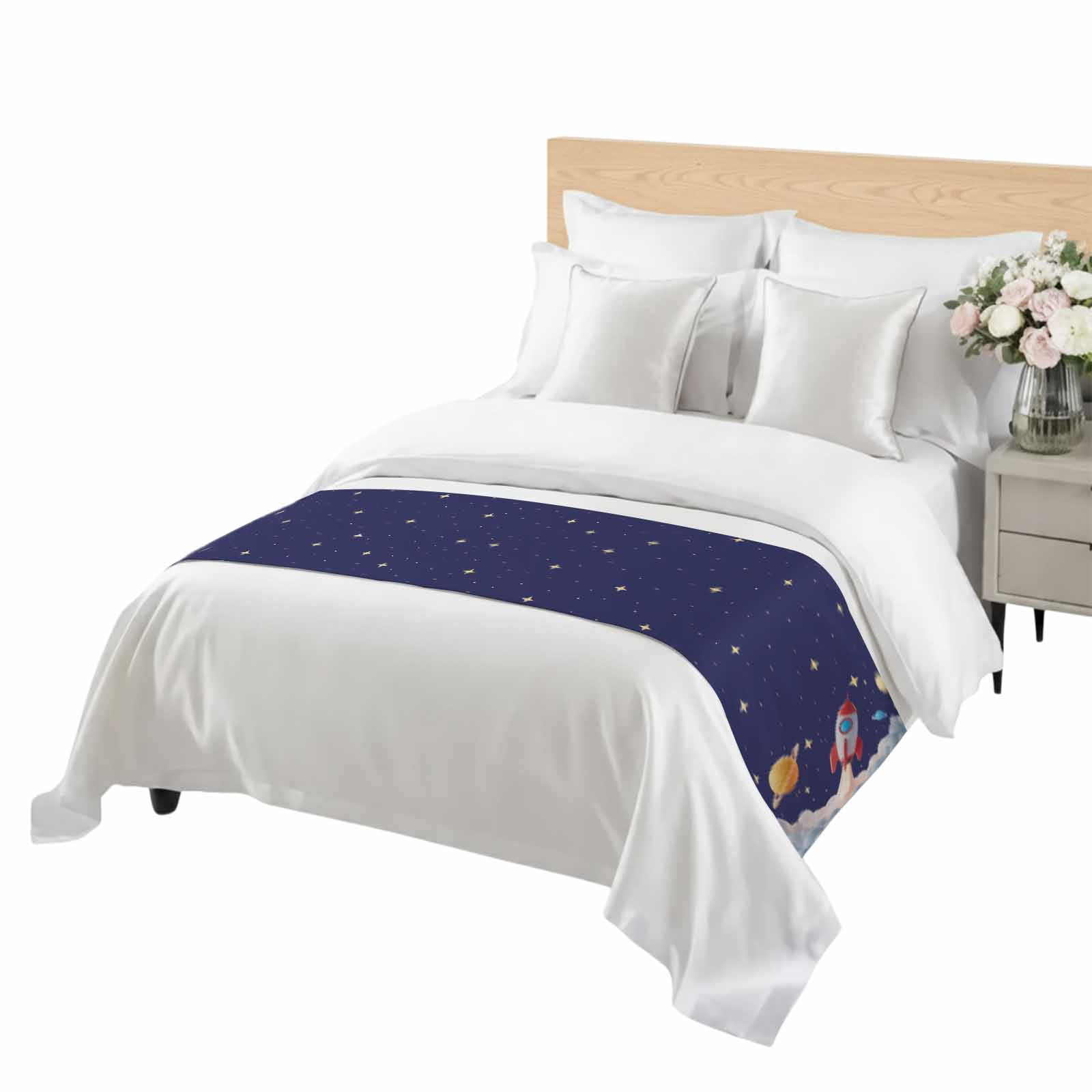 Cartoon Rocket Bed Runner Twin Size Cloud Space Stars Cute Planet ...
