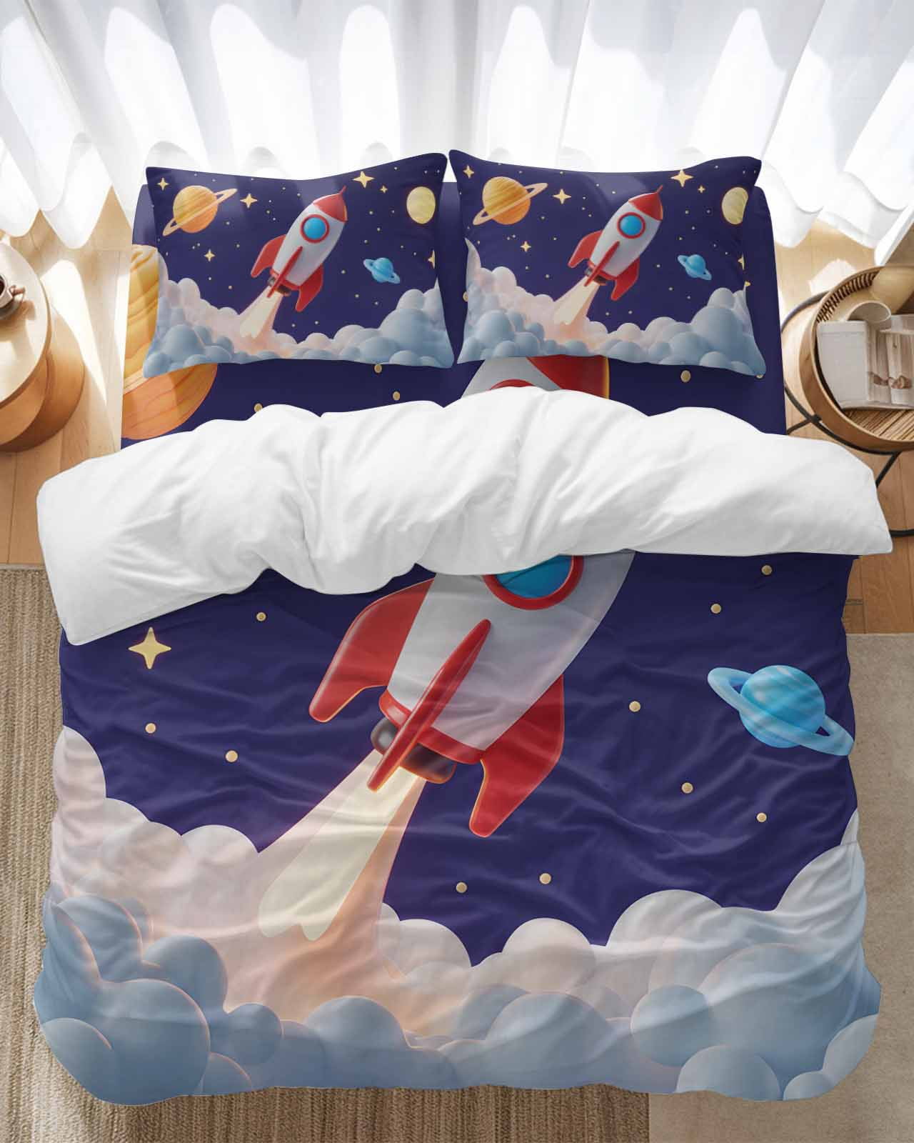 Cartoon Rocket Bedding Duvet Cover Set Twin Size 4 Pieces Cloud Space ...