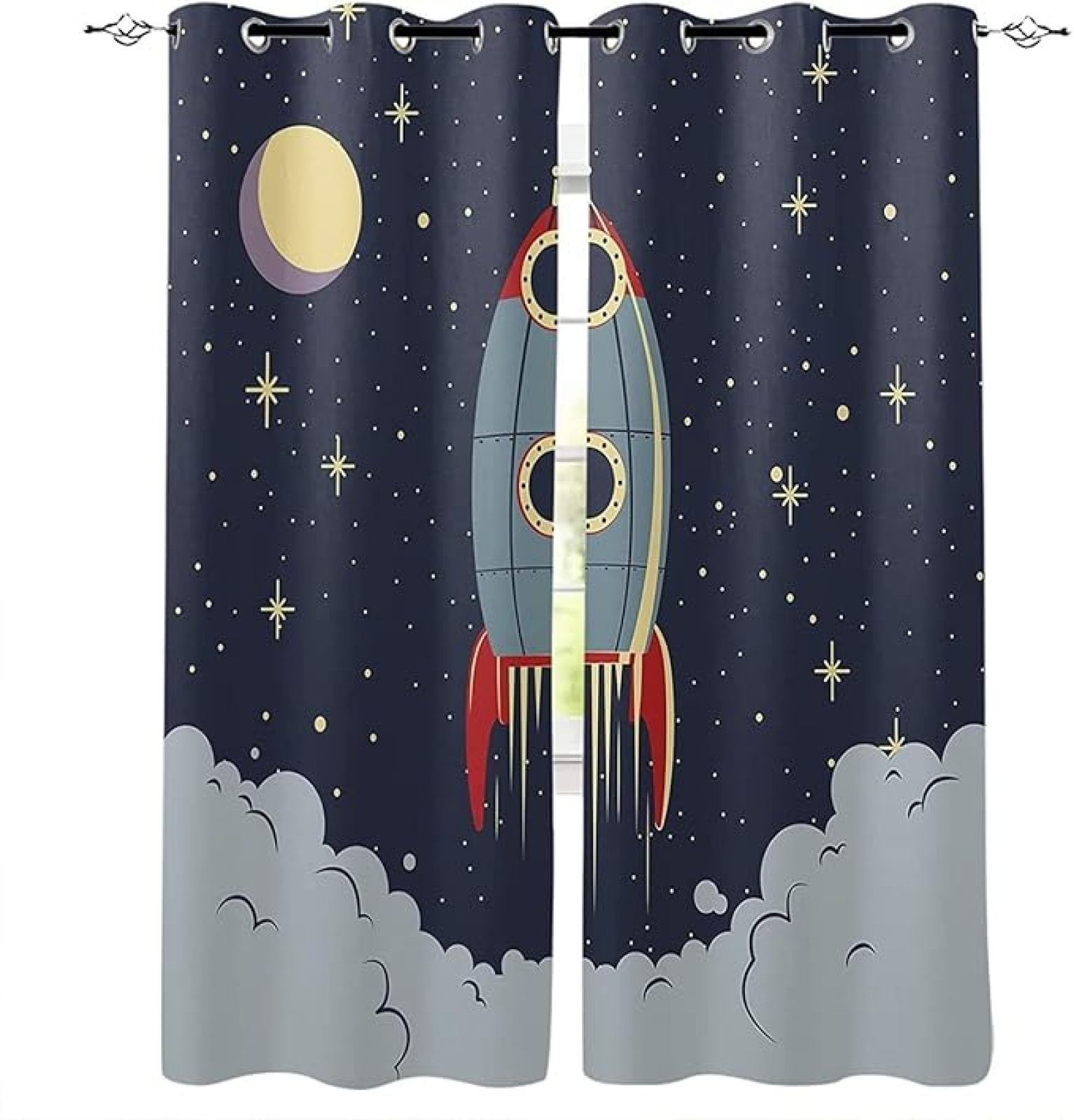 Cartoon Rocket Blackout Curtains, 3D Stars Moon Clouds Print Window ...