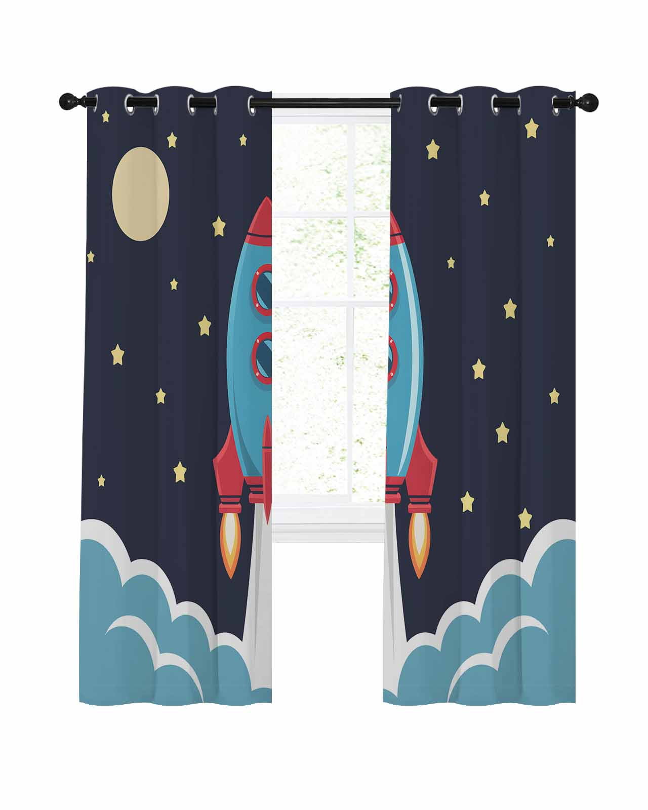 Cartoon Rocket Blackout Curtains, Light Blocking Print Window Curtains ...