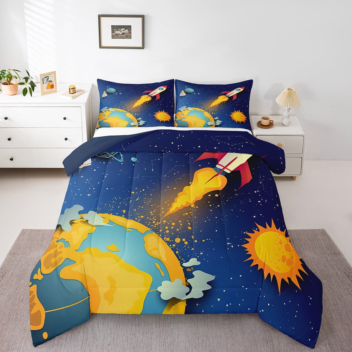 Cartoon Rocket Comforter Sets King Size,Oil Painting Planet Bedding Set ...