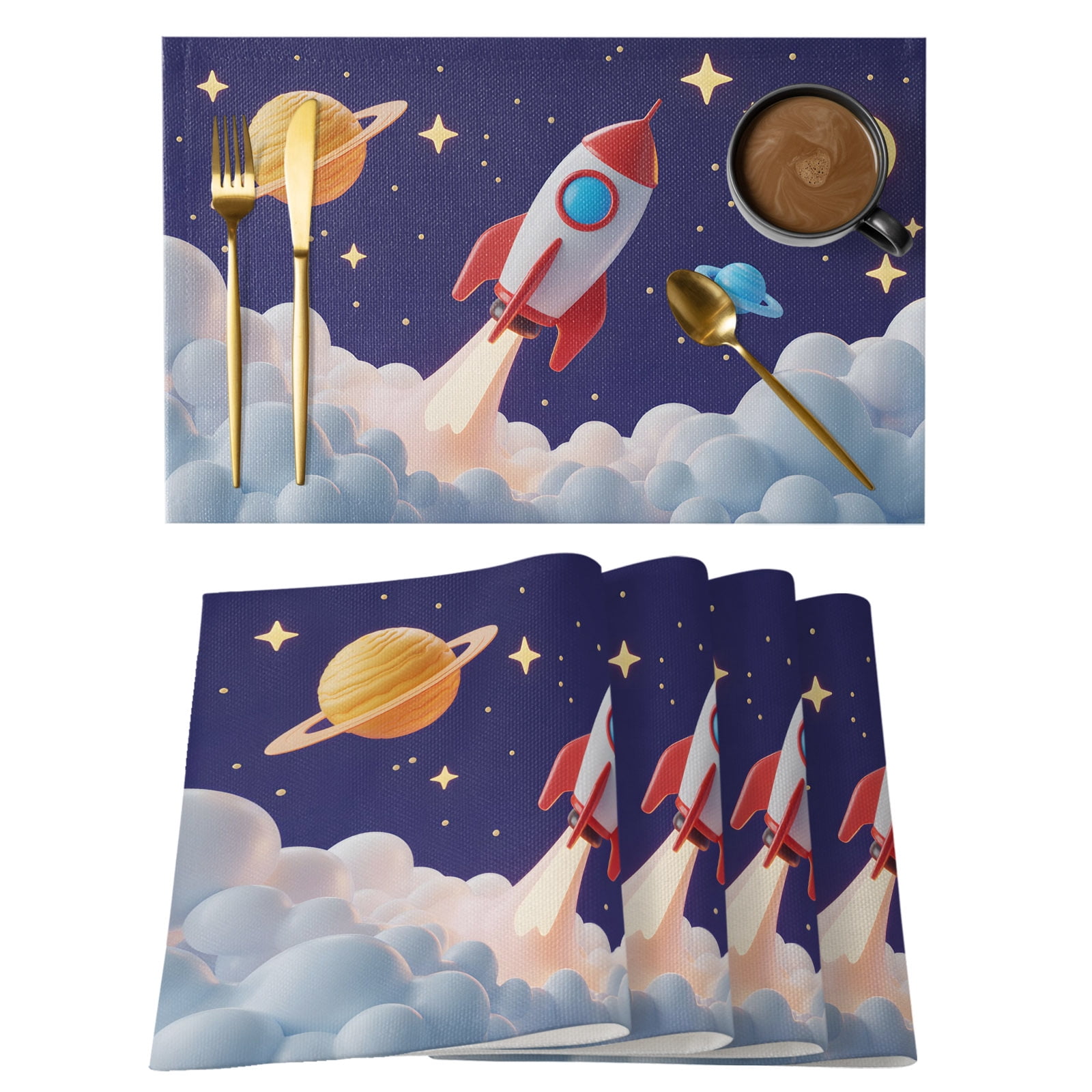 Cartoon Rocket Cotton Linen Placemats Set of 2, Cloud Space Stars Cute ...