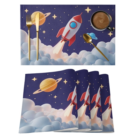 Cartoon Rocket Cotton Linen Placemats Set of 2, Cloud Space Stars Cute ...