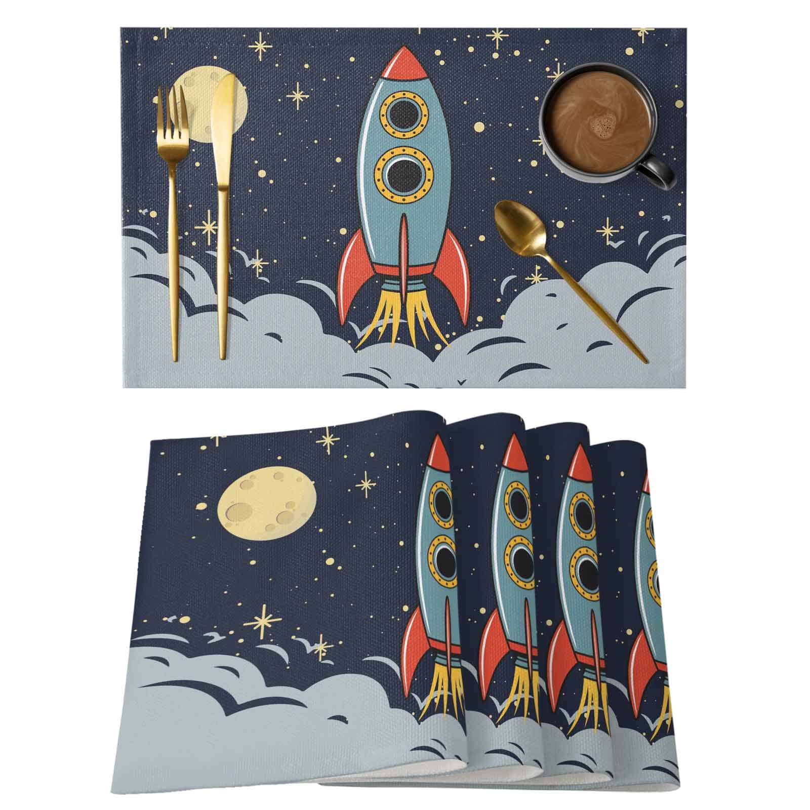 Cartoon Rocket Cotton Linen Placemats Set of 8, Moon Stars Night Cute ...