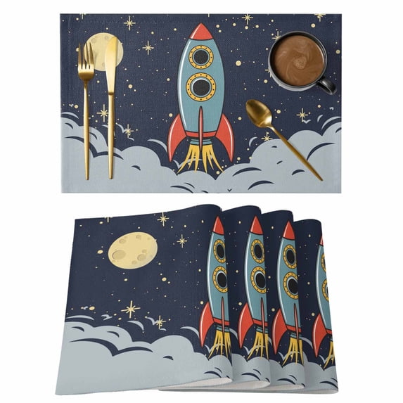 Cartoon Rocket Cotton Linen Placemats Set of 8, Moon Stars Night Cute ...
