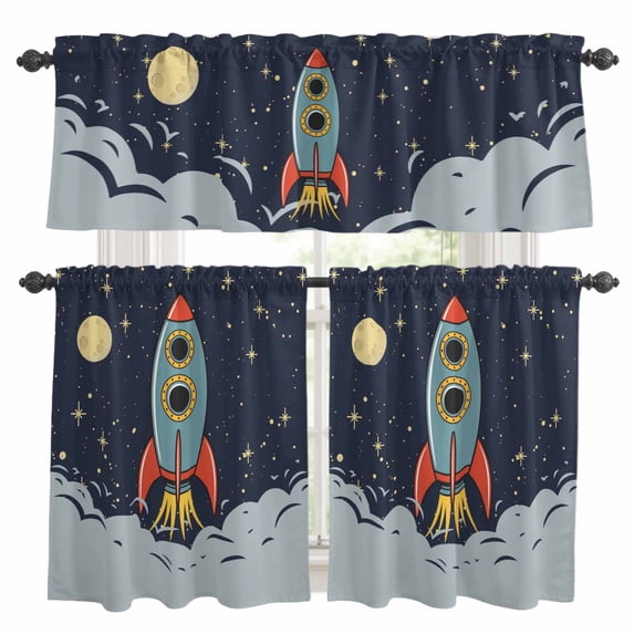 Cartoon Rocket Curtain Valances Set Moon Stars Night Cute Interesting ...