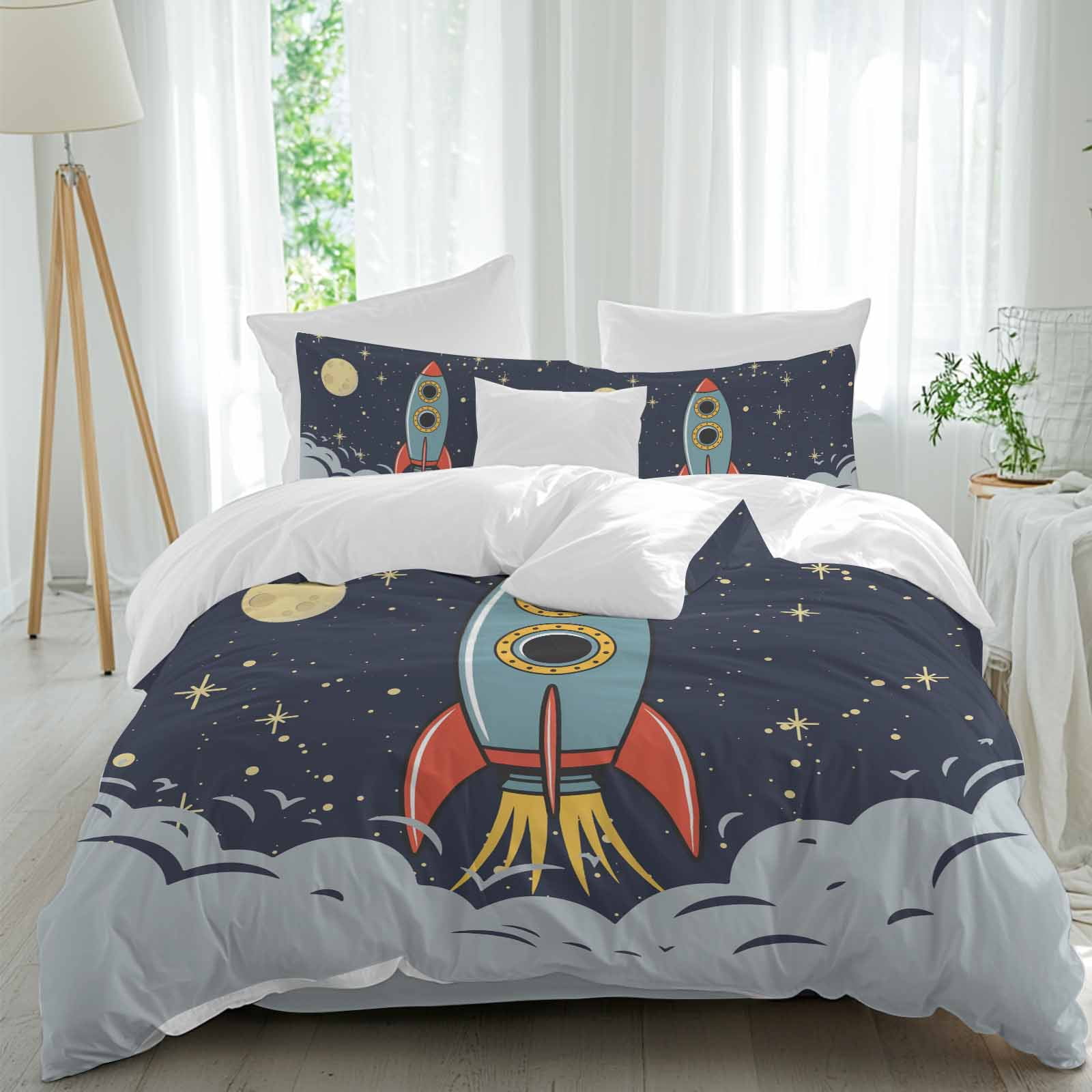 Cartoon Rocket Duvet Cover Set Full Size, Moon Stars Night Cute ...