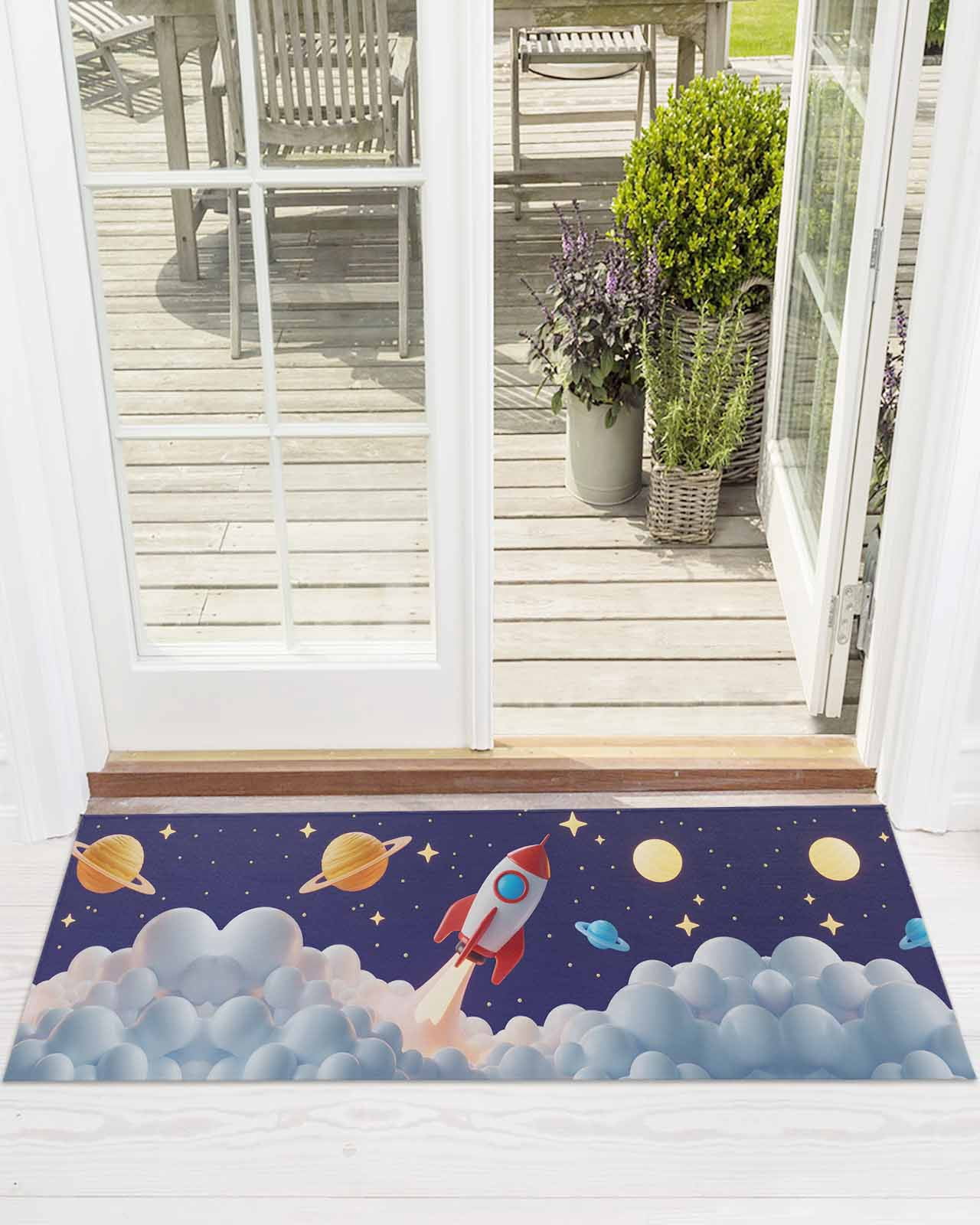 Cartoon Rocket Front Door Mat Cloud Space Stars Cute Planet Classic ...
