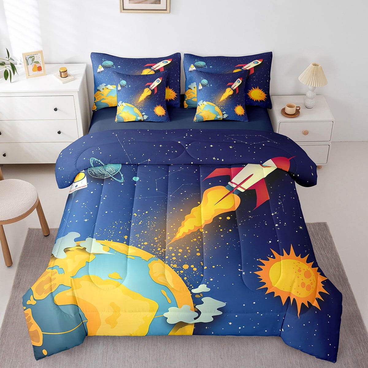Cartoon Rocket King Comforter Set - Oil Painting Planet 7 Piece Bedding ...