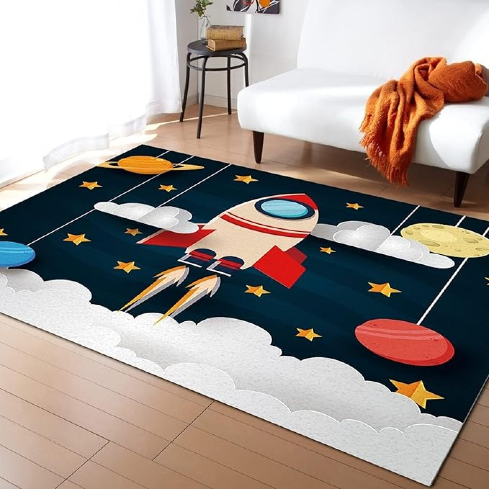 Cartoon Rocket Lift Off Area Rug, Cute Space Exploration Non Slip Easy ...
