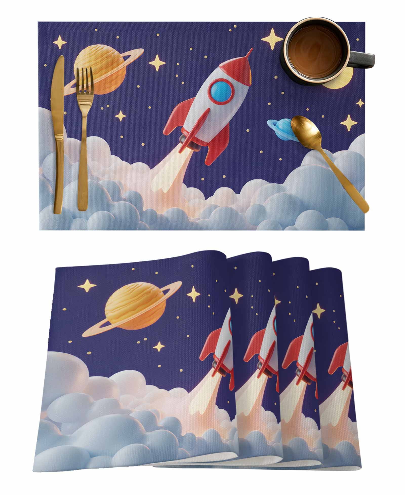 Cartoon Rocket Placemats Set of 6 Cloud Space Stars Cute Planet Classic ...