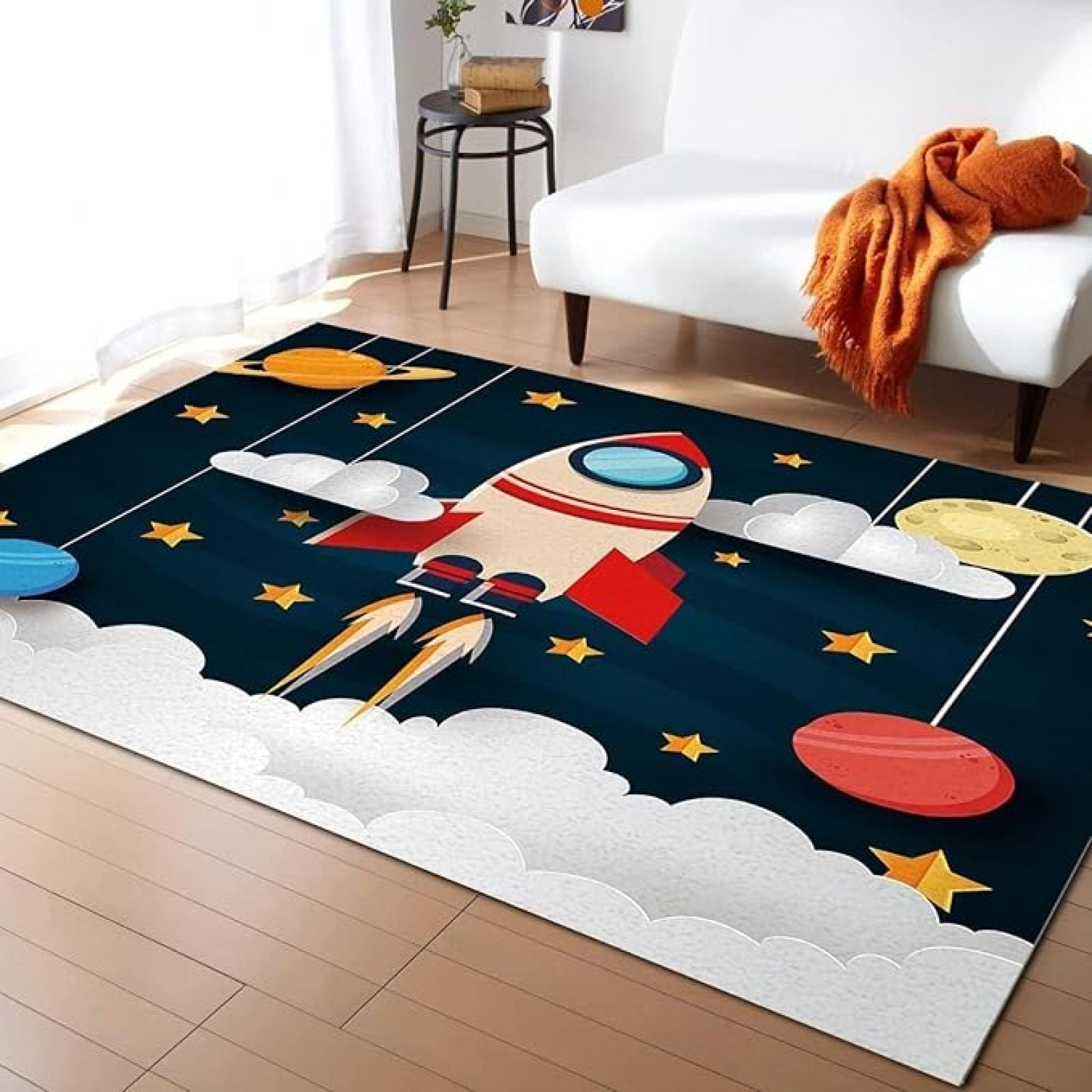 Cartoon Rocket Planet Area Rug, Cosmic Planetary Ship Space Theme Large ...