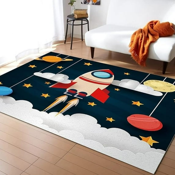 Cartoon Rocket Planet Area Rug, Cosmic Planetary Ship Space Theme Large ...