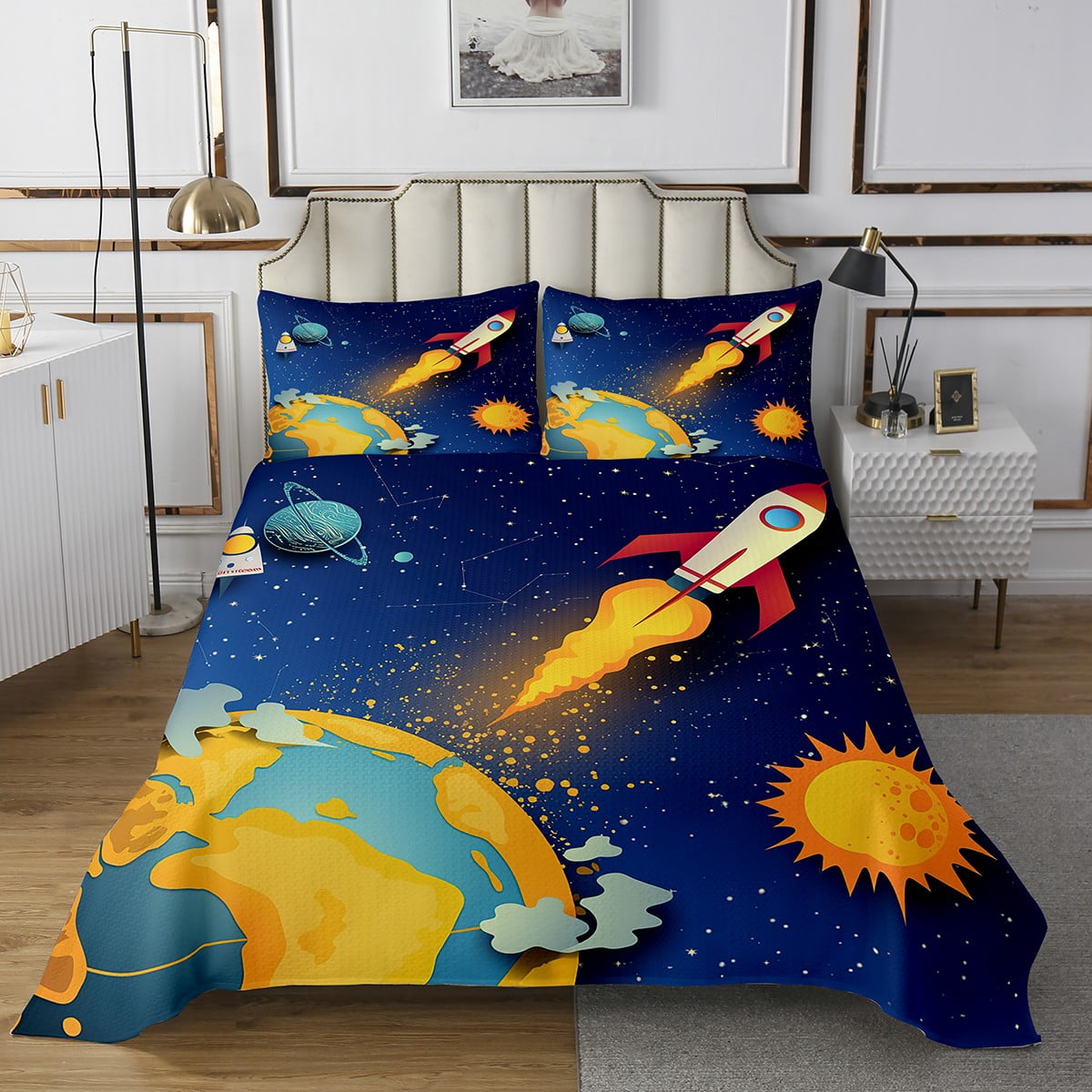 Cartoon Rocket Quilt Set Twin Size,Oil Painting Planet Coverlet Set for ...