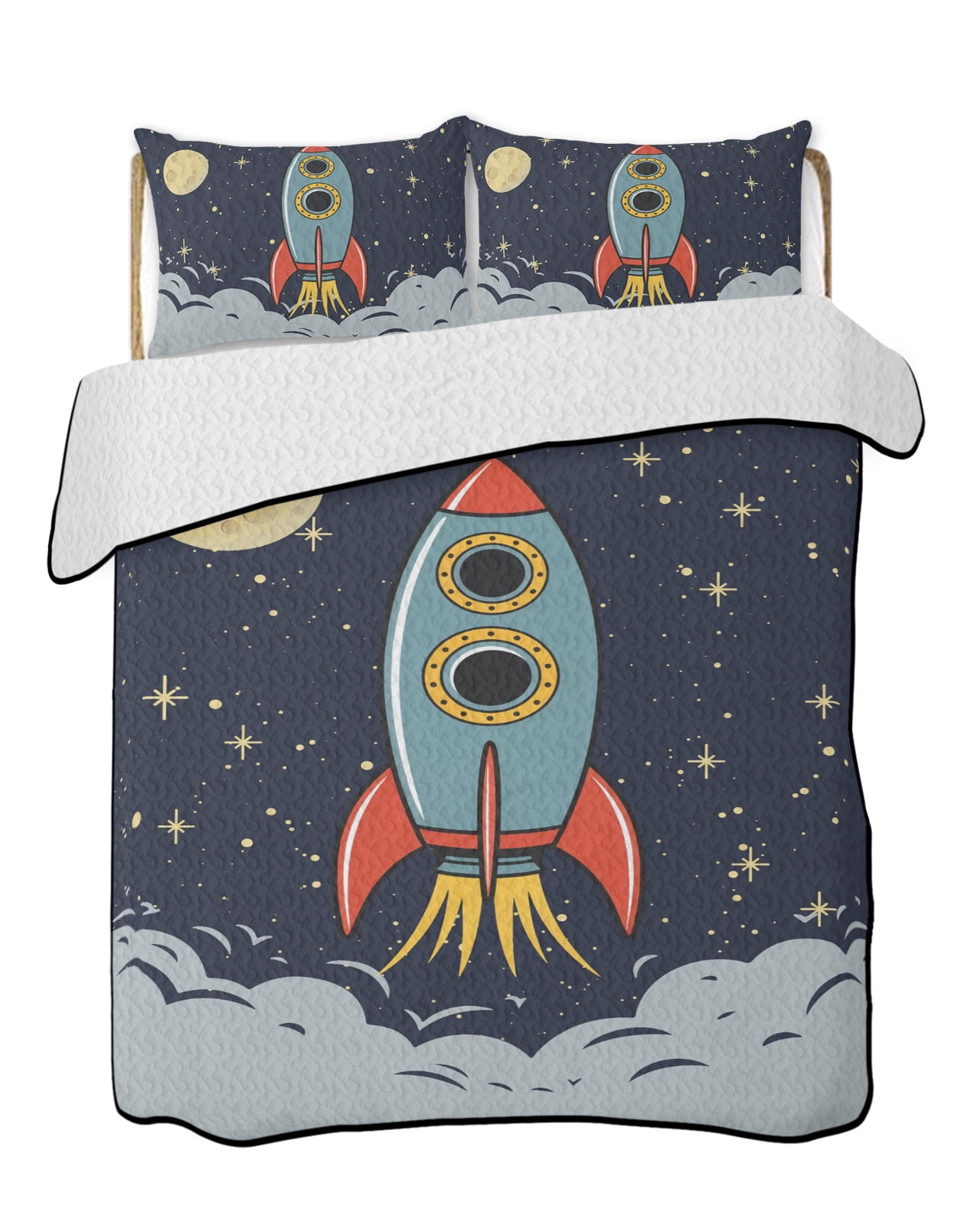 Cartoon Rocket Quilts Bedding Set King Size Moon Stars Night Cute ...