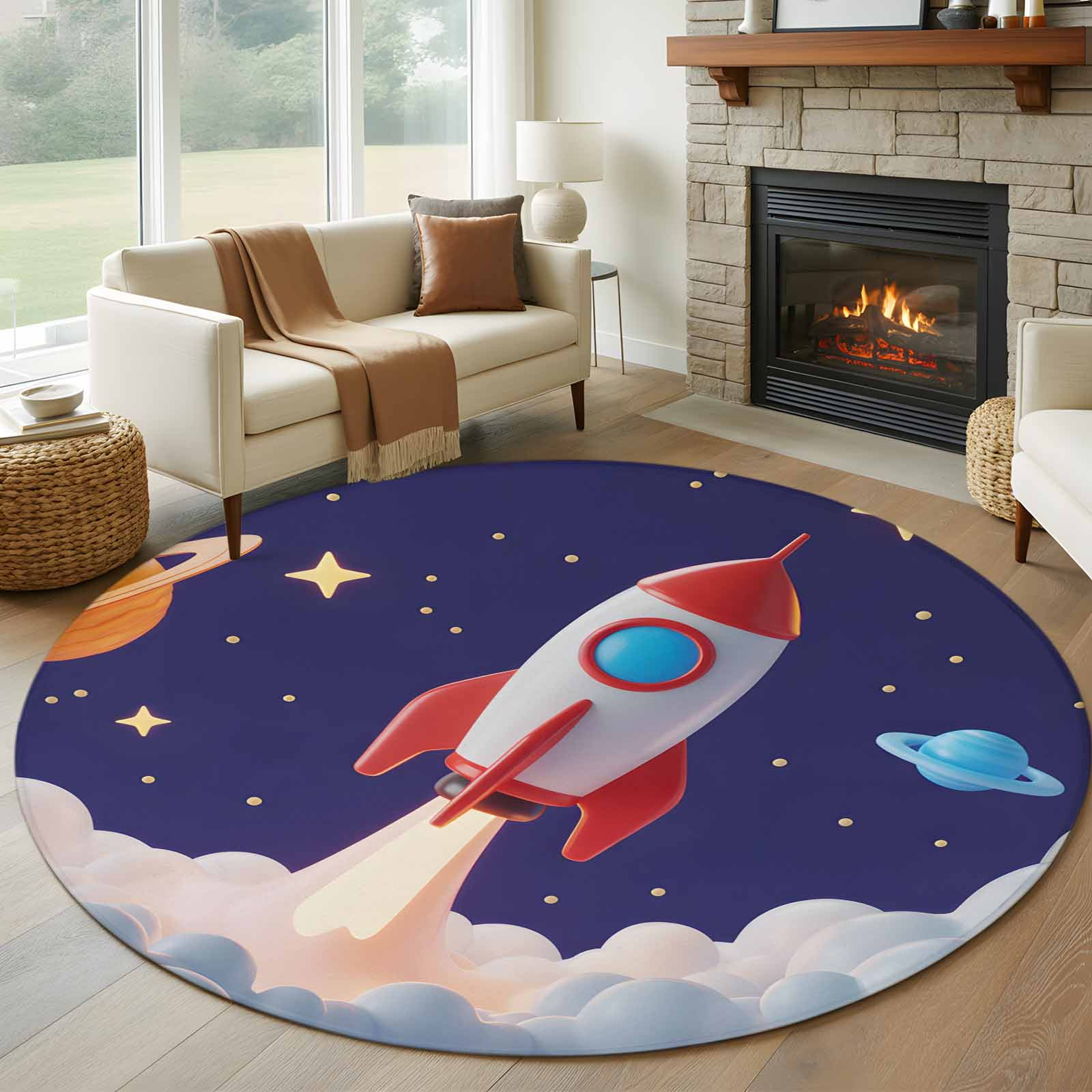 Cartoon Rocket Round Rug 5ft Washable Circle Kitchen Rugs Non Slip Funny Space Planet Blue ...