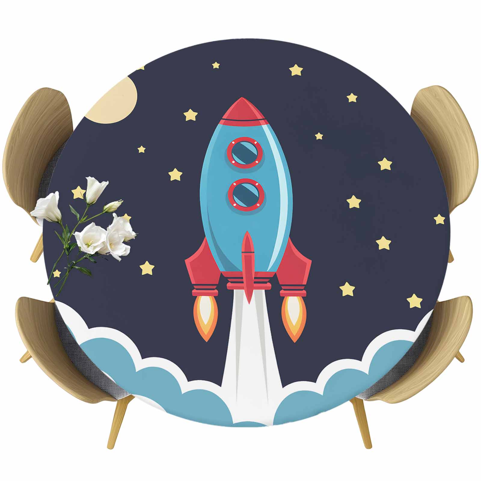 Cartoon Rocket Round Tablecloth 55-60 Inch Round Fitted Table Cloth ...