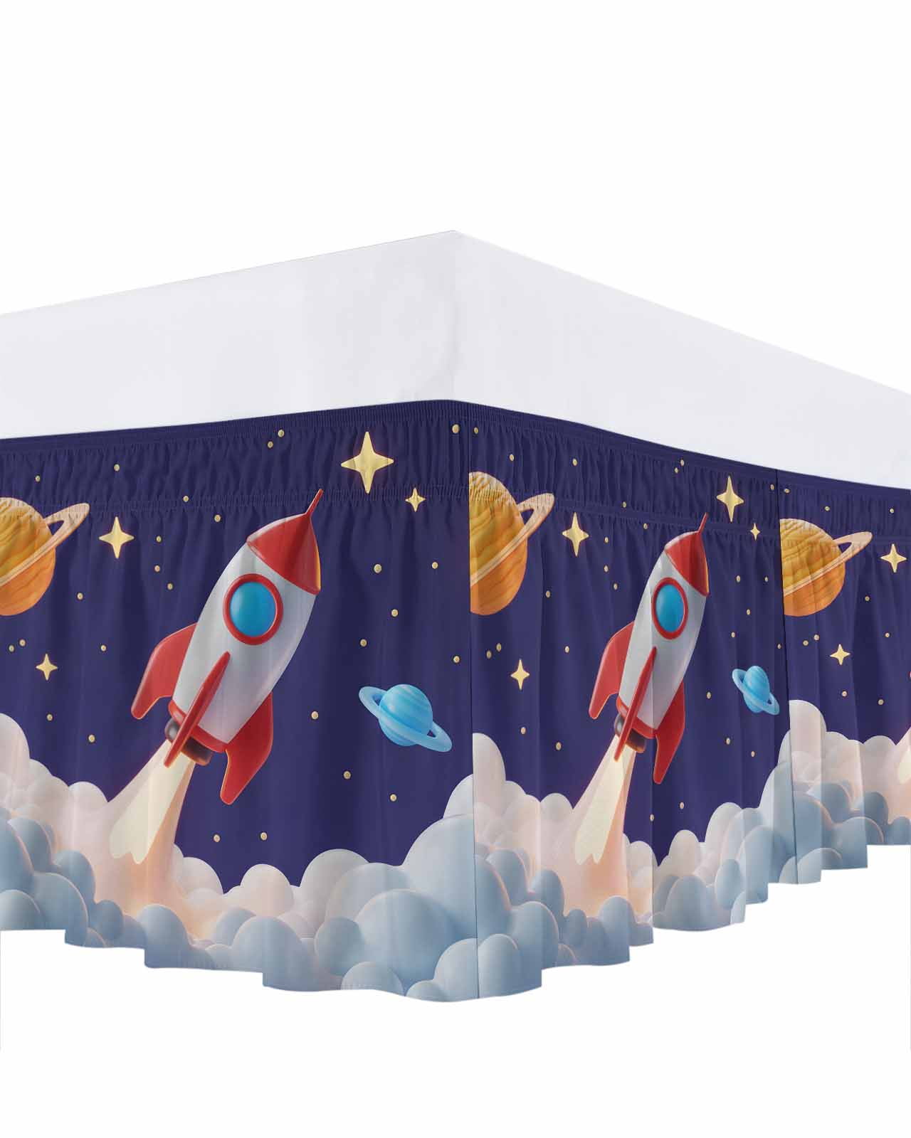 Cartoon Rocket Ruffle Bed Skirt King Size Cloud Space Stars Cute Planet ...