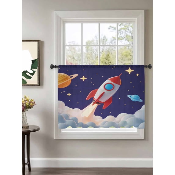 Cartoon Rocket Sheer Curtains 54 Inch Long 1 Panel Cloud Space Stars ...
