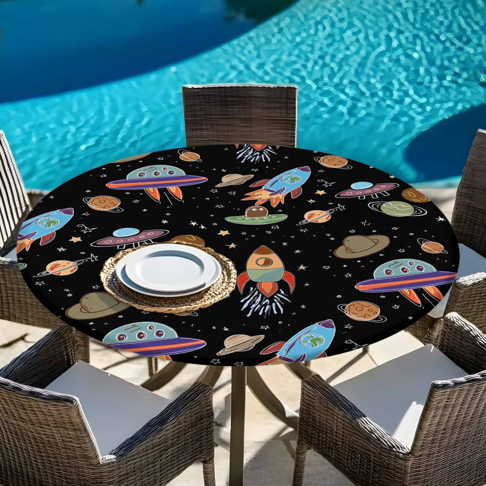 Cartoon Rocket Space Planet Round Fitted Tablecloth with Elastic Edge ...