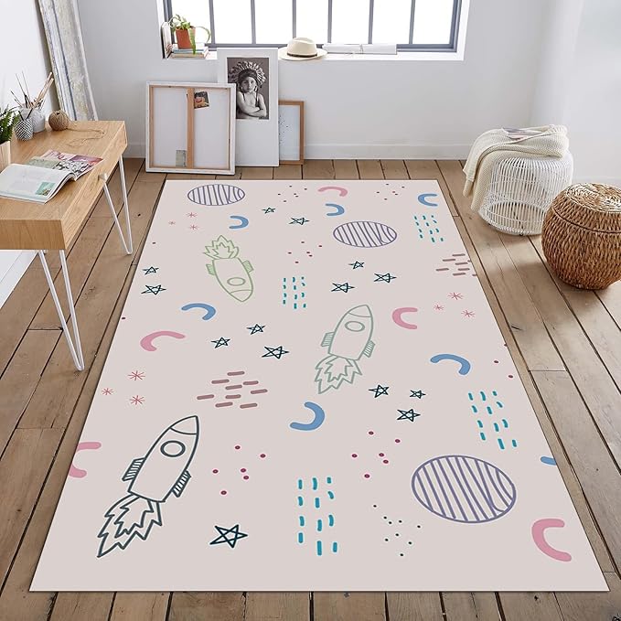 Cartoon Rocket Space Universe Area Rug, Stars Moon Planet Soft Washable ...