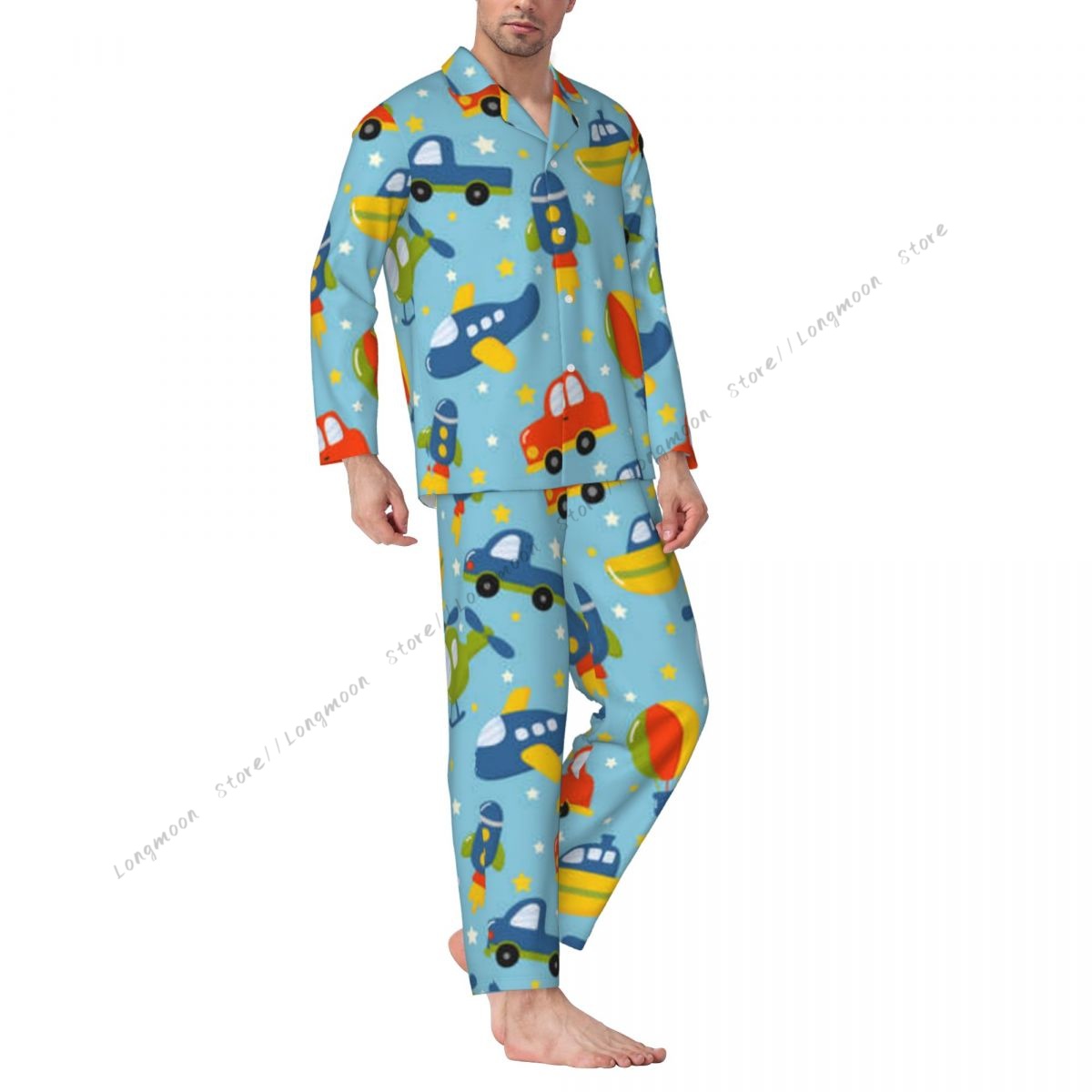 Cartoon Rocket Spaceship In Space Men Pajamas Long Sleeve Male ...