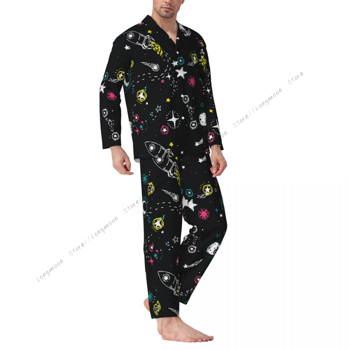 Cartoon Rocket Spaceship In Space Men Pajamas Long Sleeve Male ...