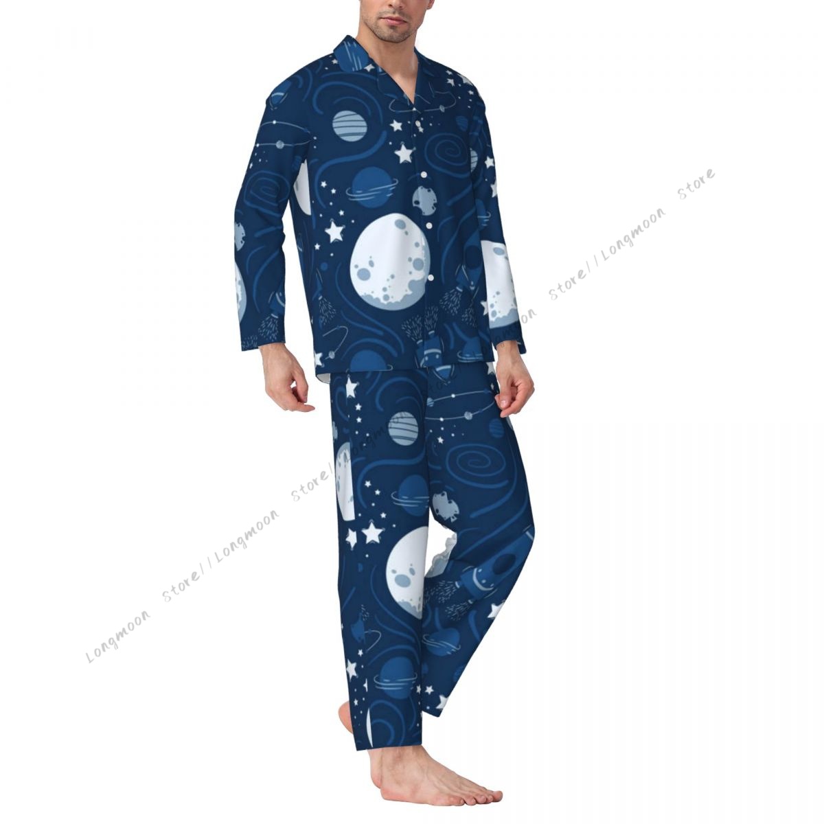 Cartoon Rocket Spaceship In Space Men Pajamas Long Sleeve Male ...