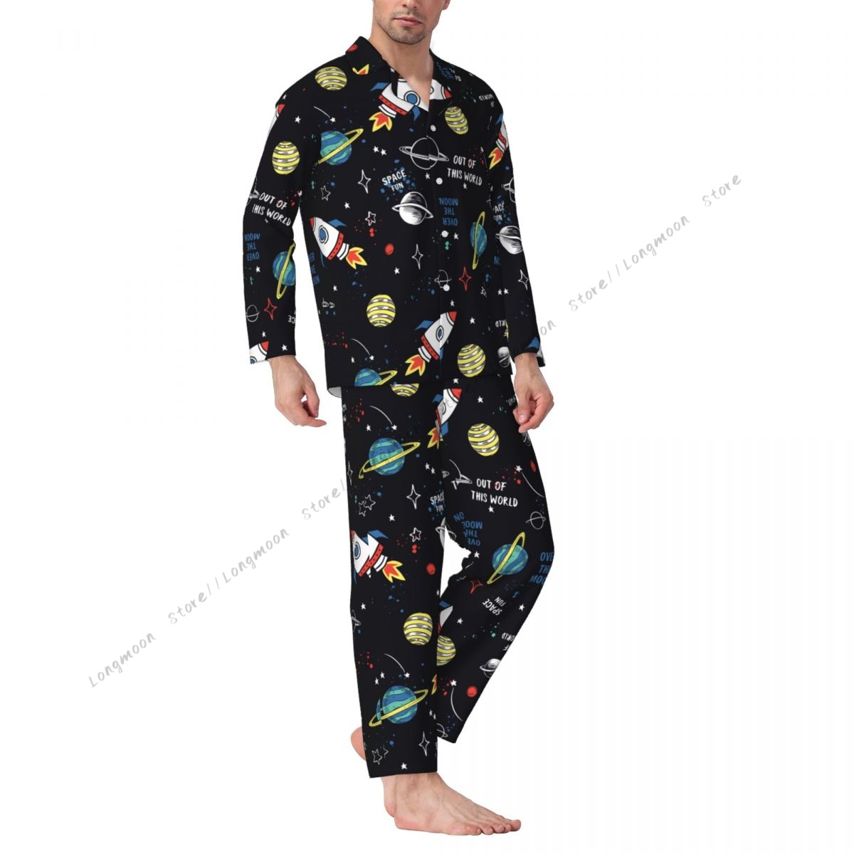 Cartoon Rocket Spaceship In Space Men Pajamas Long Sleeve Male ...