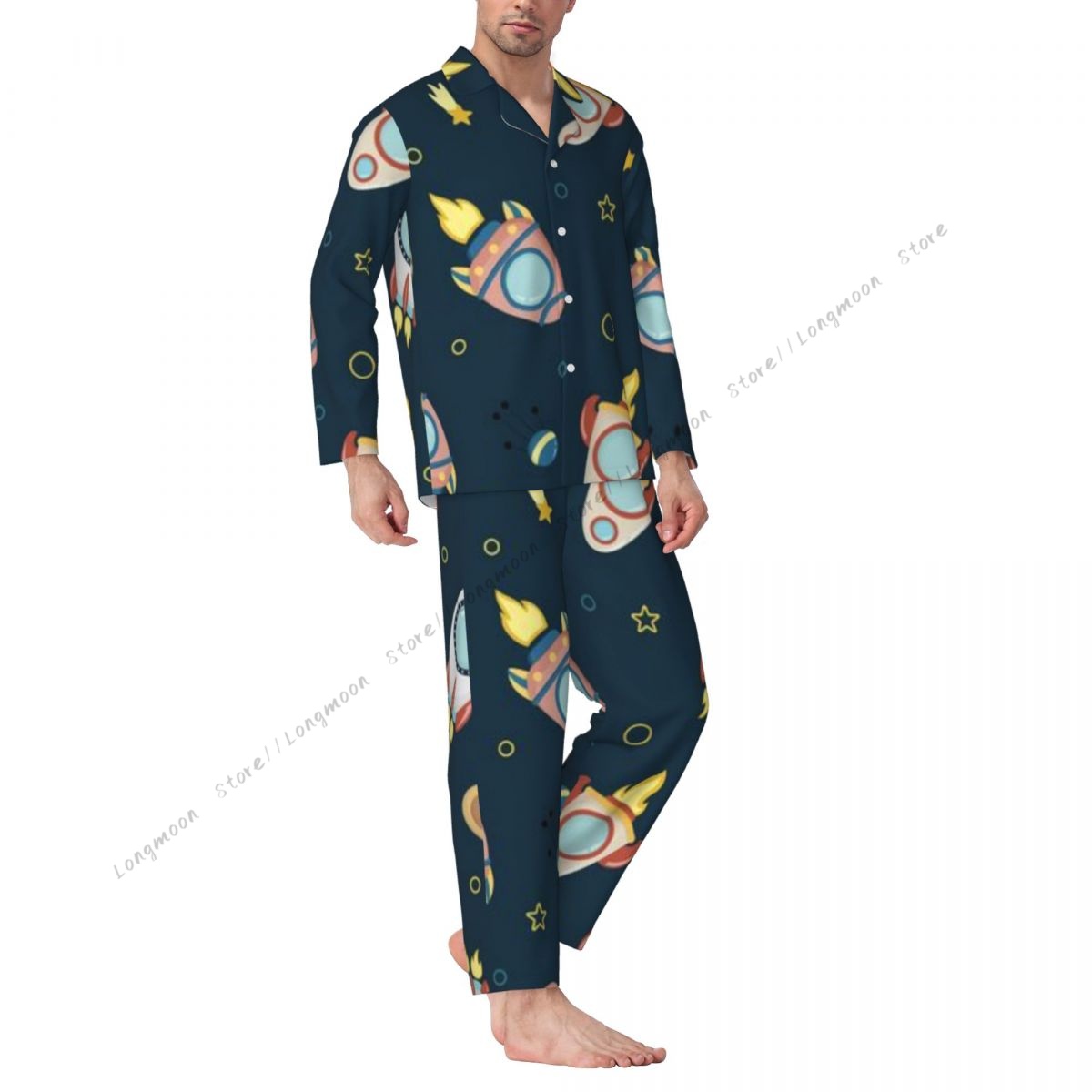 Cartoon Rocket Spaceship In Space Men Pajamas Long Sleeve Male ...