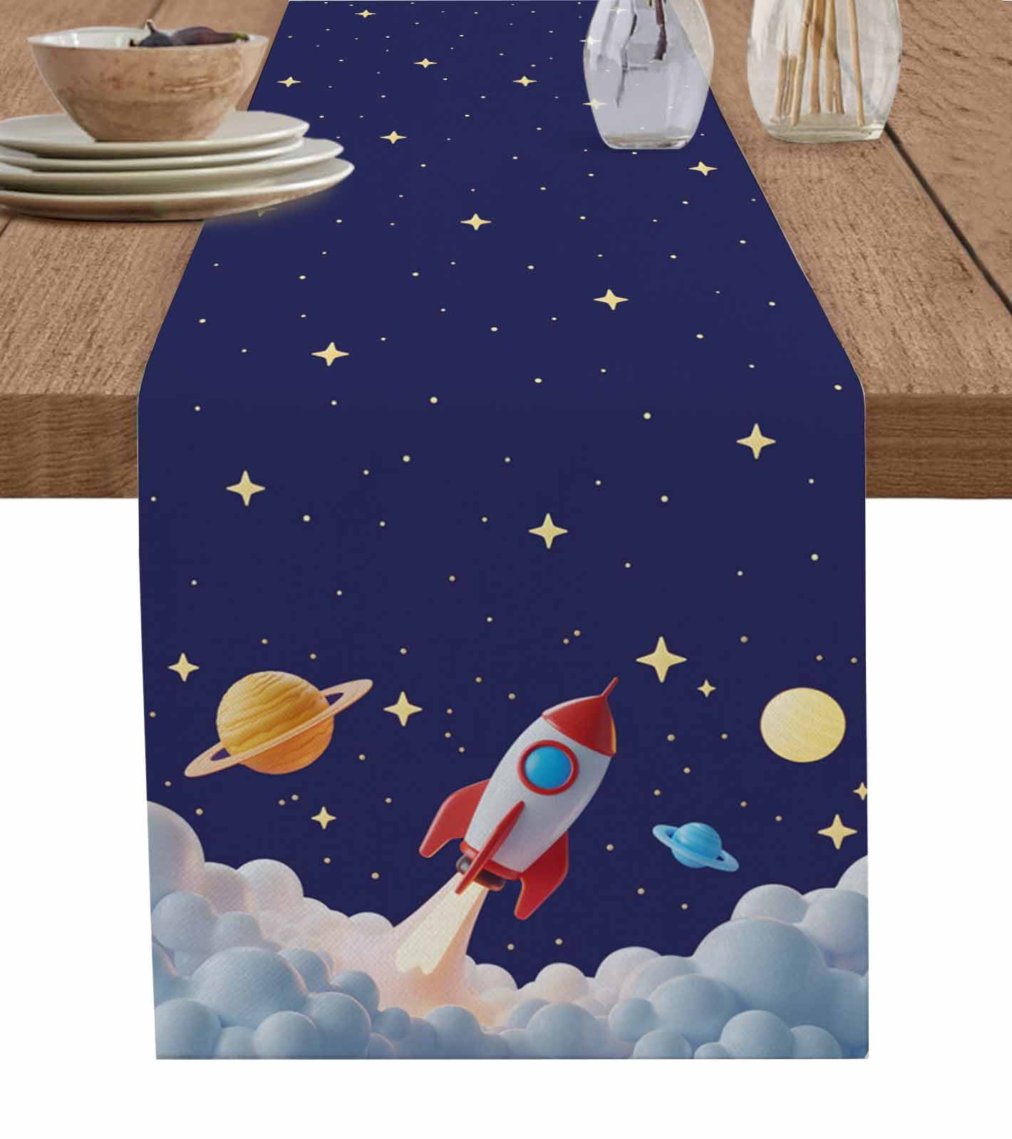 Cartoon Rocket Table Runner 72 Inches, Funny Space Planet Blue Starry ...