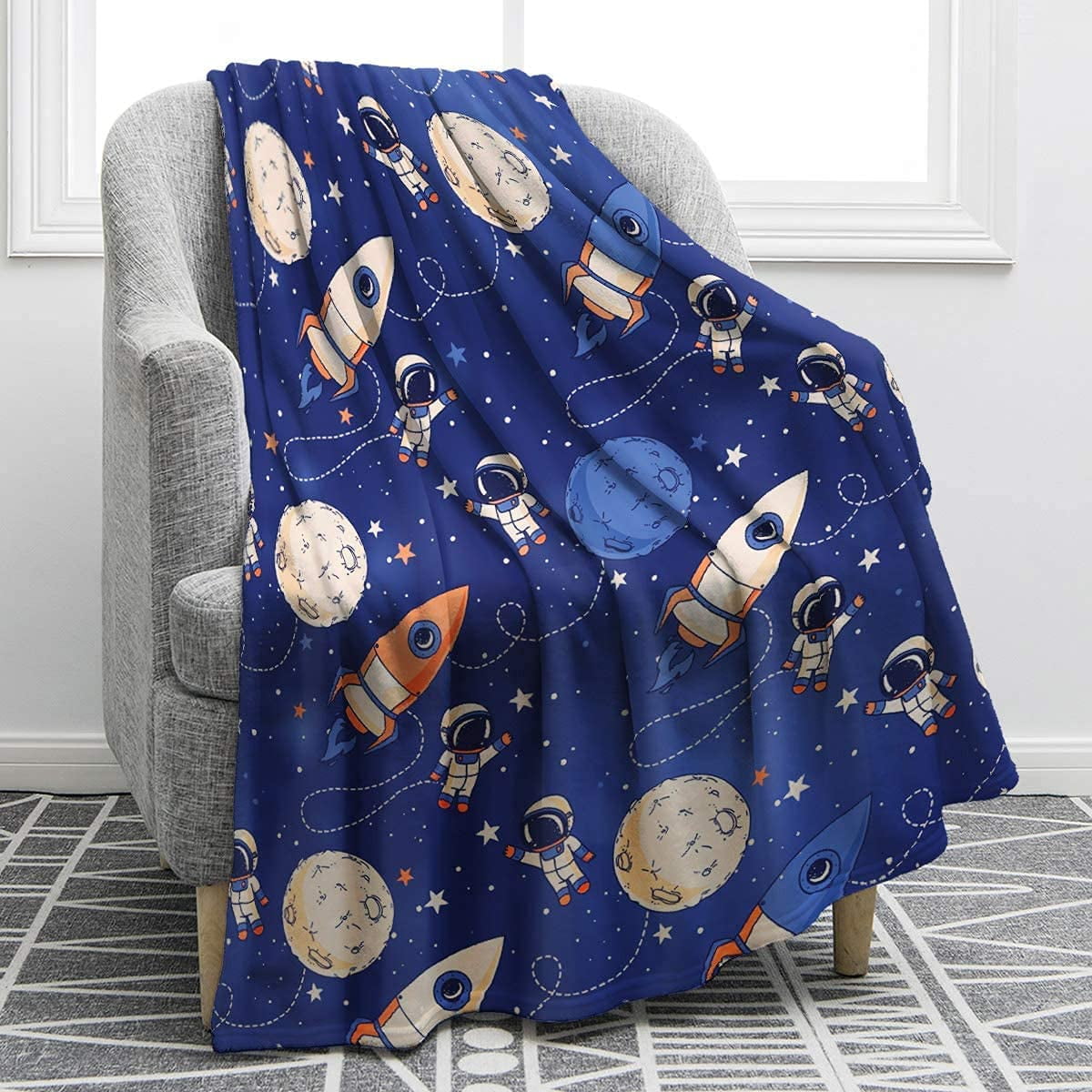 Cartoon Rocket Throw Blanket Spaceship Astronauts Planets Print Blanket ...