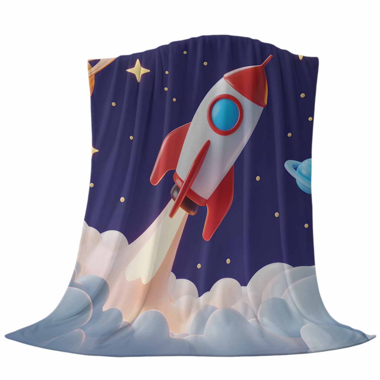 Cartoon Rocket Throw Flannel Blanket Cloud Space Stars Cute Planet ...