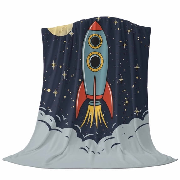 Cartoon Rocket Throw Flannel Blanket Moon Stars Night Cute Interesting ...