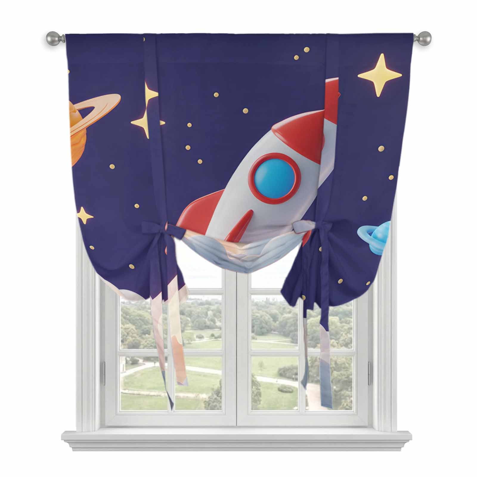 Cartoon Rocket Tie Up Curtain for Window, Cloud Space Stars Cute Planet ...