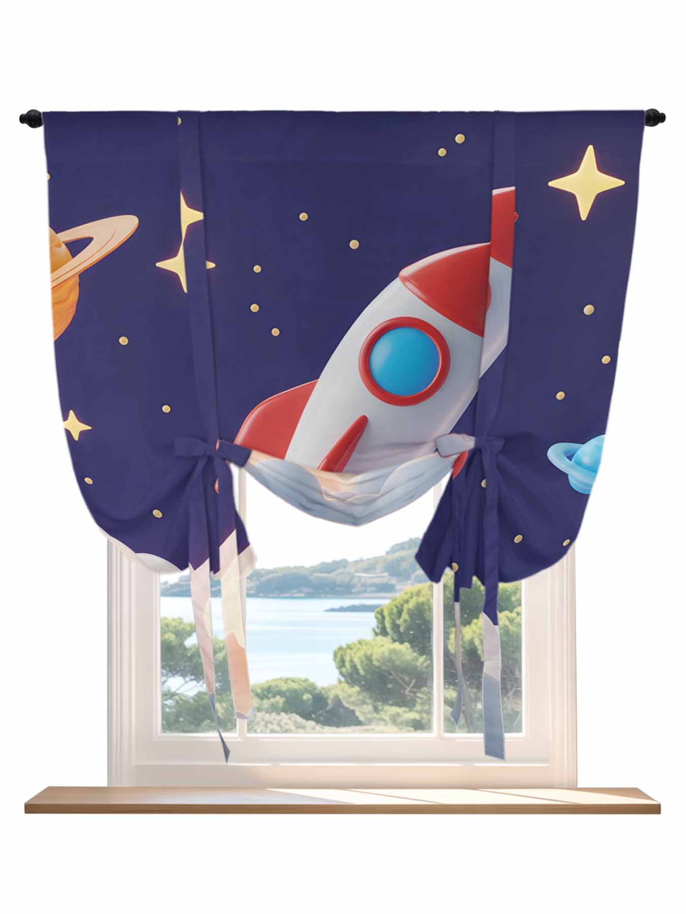 Cartoon Rocket Tie Up Curtains for Windows 63 Inch Length Balloon ...