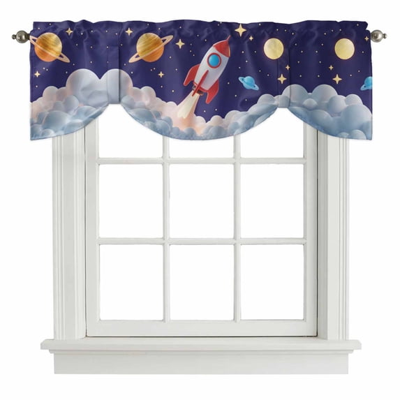 Cartoon Rocket Tie Up Valance for Windows Cloud Space Stars Cute Planet ...