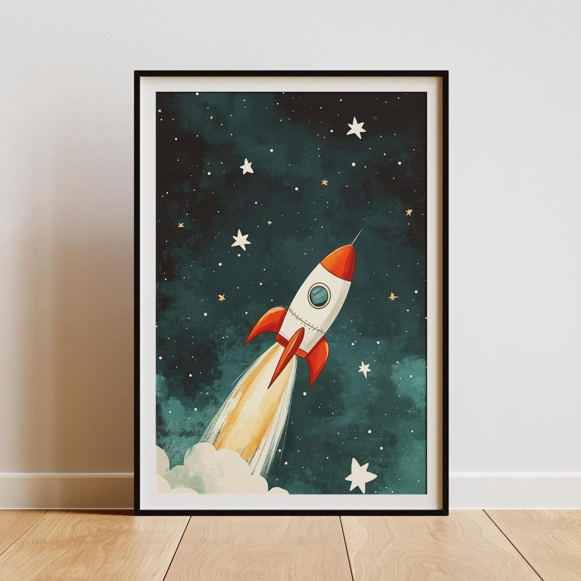 Cartoon Rocket Wall Art, Flying Spaceship Print For Room, Nursery Space ...