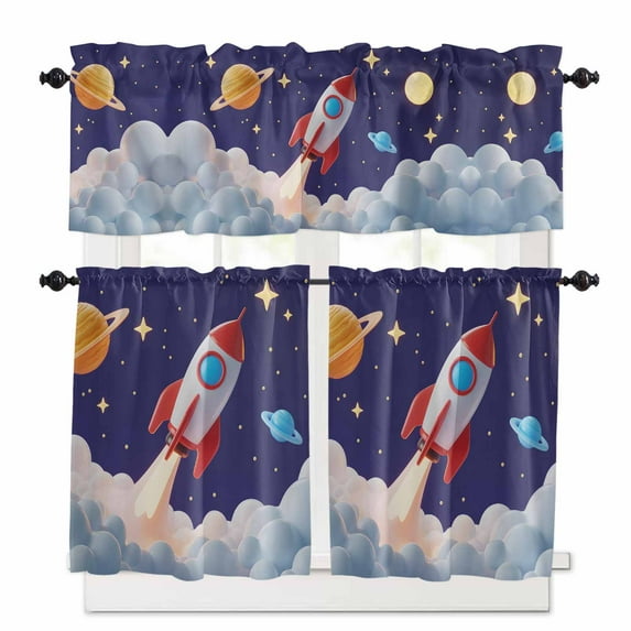 Cartoon Rocket Window Curtains Valance Set of 3 Cloud Space Stars Cute ...