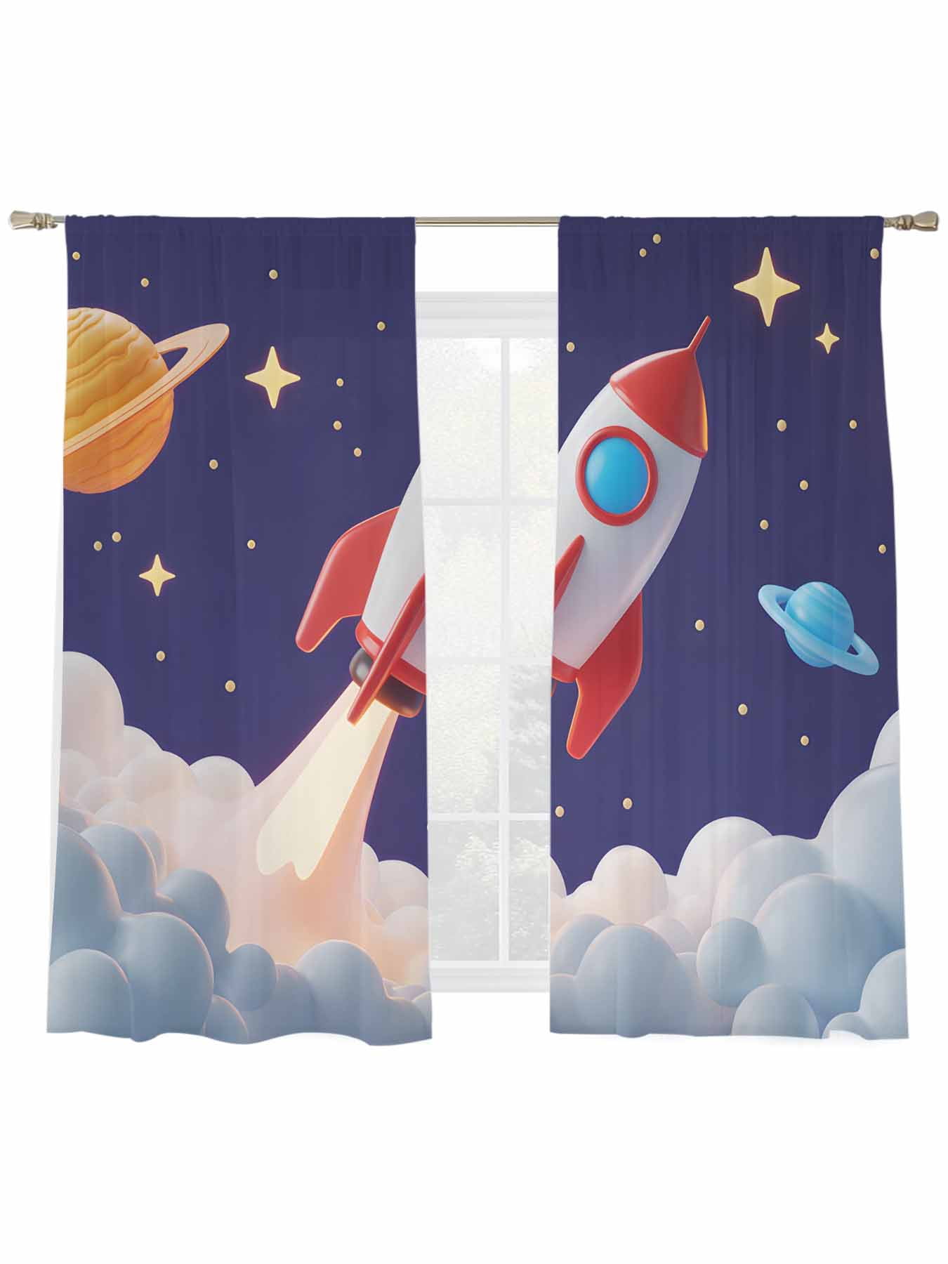 Cartoon Rocket Window Sheer Curtain Cloud Space Stars Cute Planet ...
