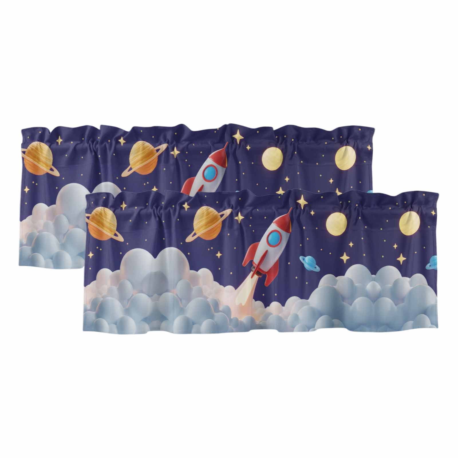 Cartoon Rocket Window Valance, Cloud Space Stars Cute Planet Classic 2 ...