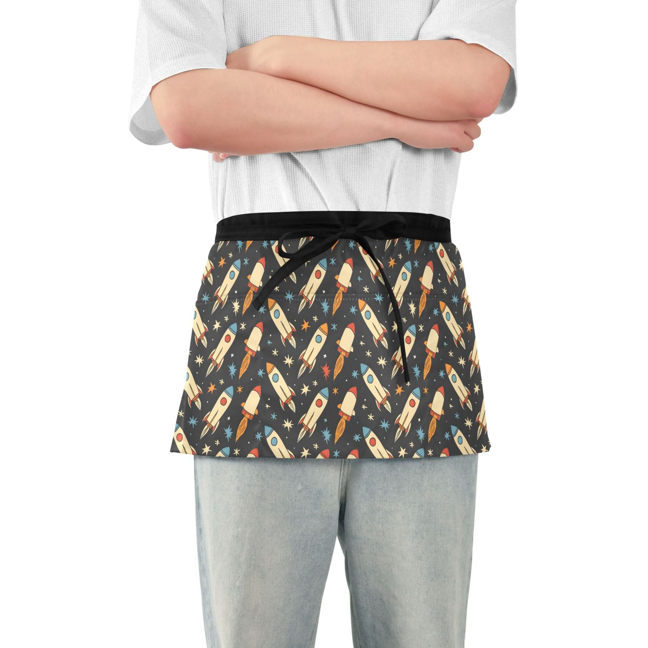 Cartoon Rocket in Space Server Apron with 3 Pockets Waterproof Waitress ...
