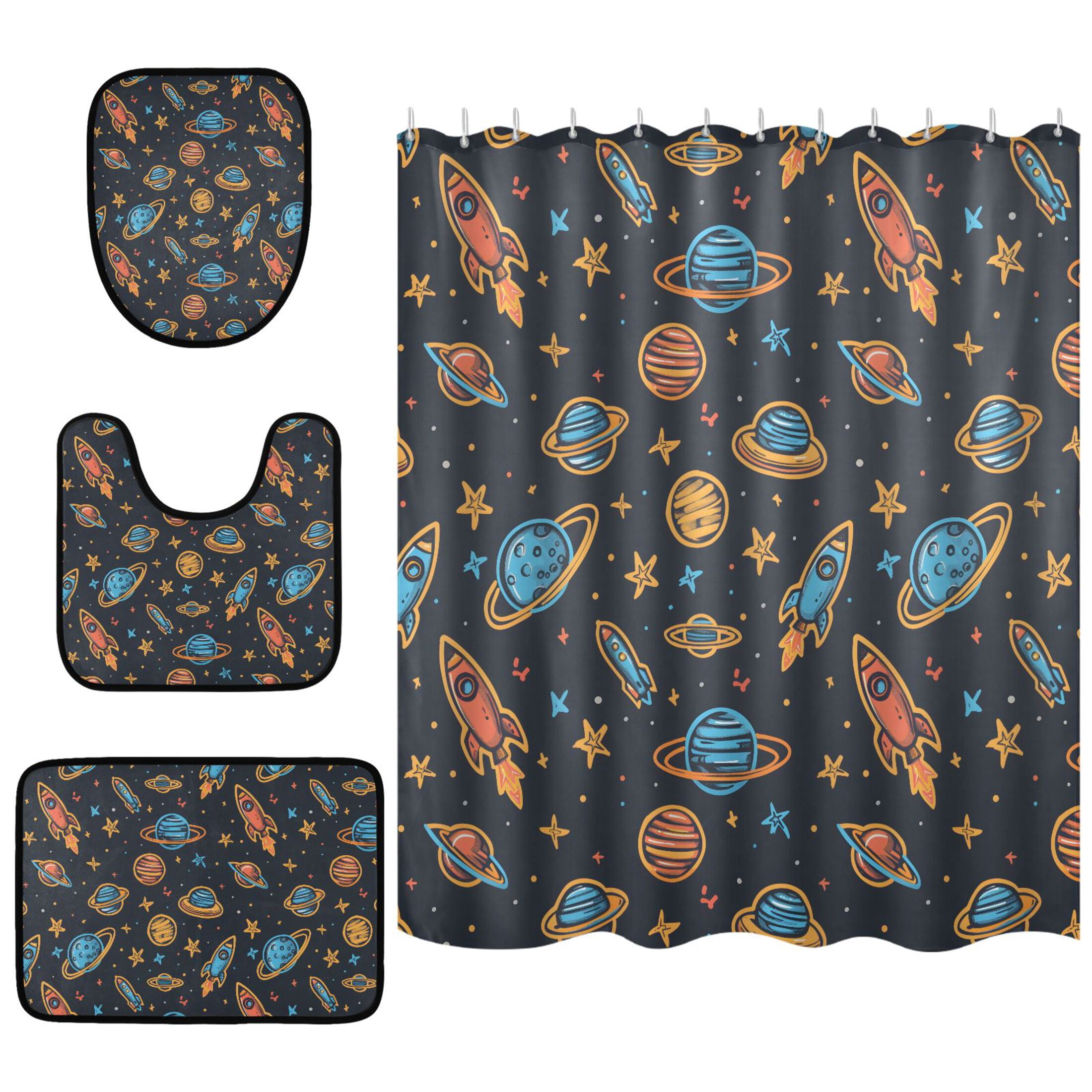 Cartoon Rockets and Stars Shower Curtain Sets 4 Piece Waterproof ...