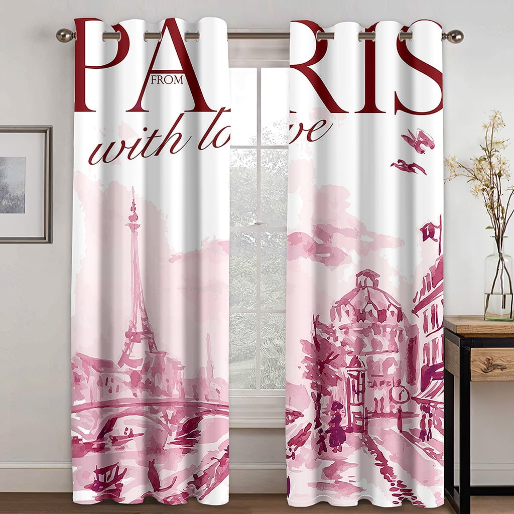 Cartoon Romantic Pink Paris Effiel Tower GirlWindow Curtains Drapes for Kids Bedroom Living Room ...