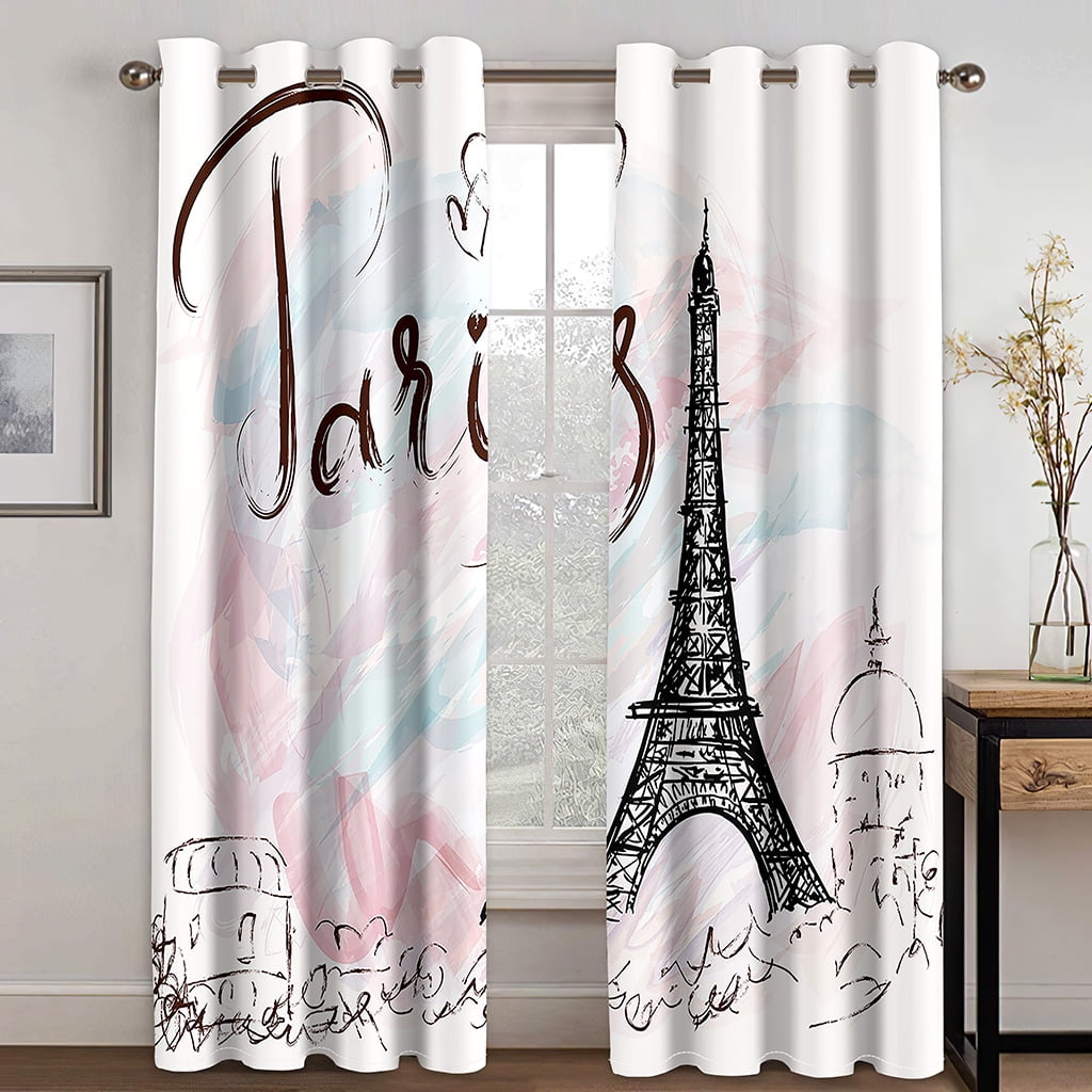 Cartoon Romantic Pink Paris Effiel Tower GirlWindow Curtains Drapes for Kids Bedroom Living Room ...