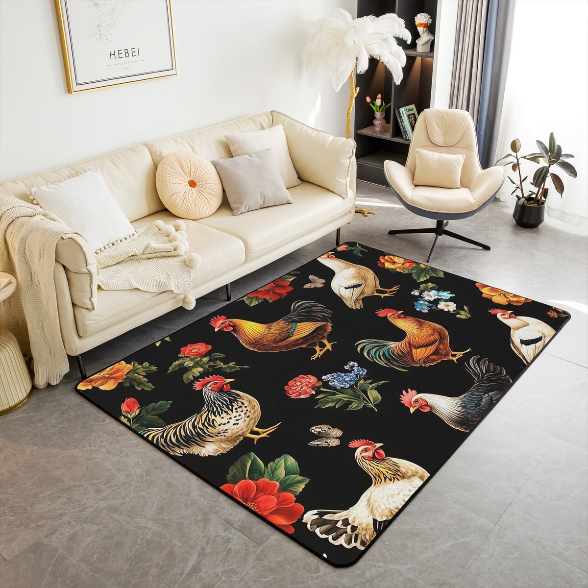 Cartoon Rooster Decorative Washable Rug 3x5,Groovy Flower Floral ...