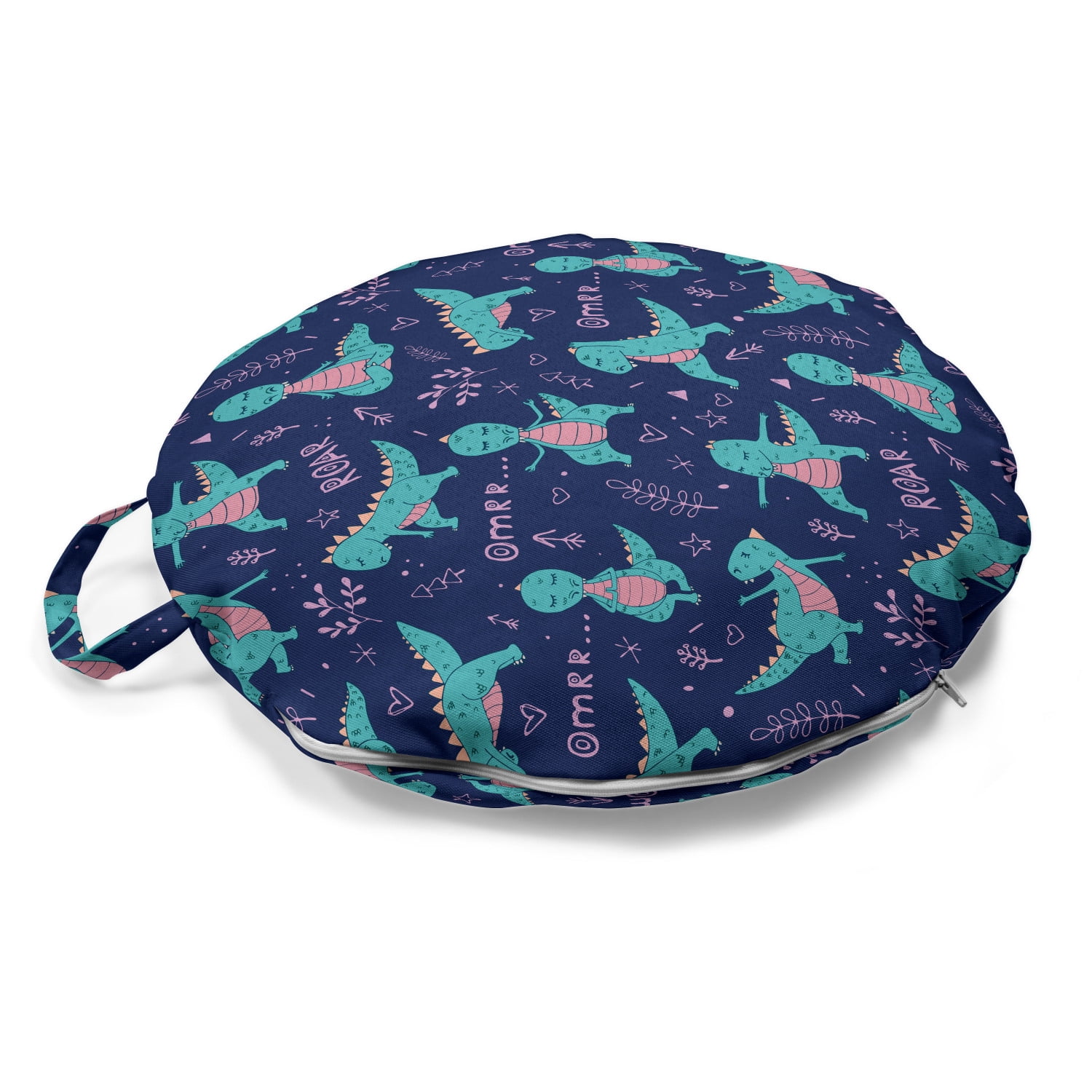 Cartoon Round Floor Cushion with Handle, Little Dinosaur Doing Yoga ...