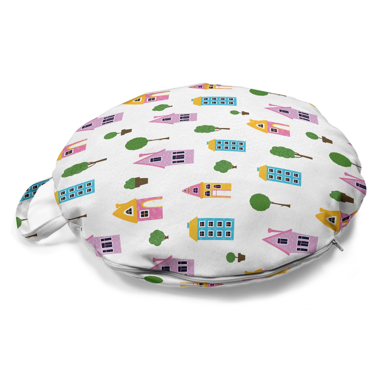 Cartoon Round Floor Cushion with Handle, Neighborhood Houses in ...