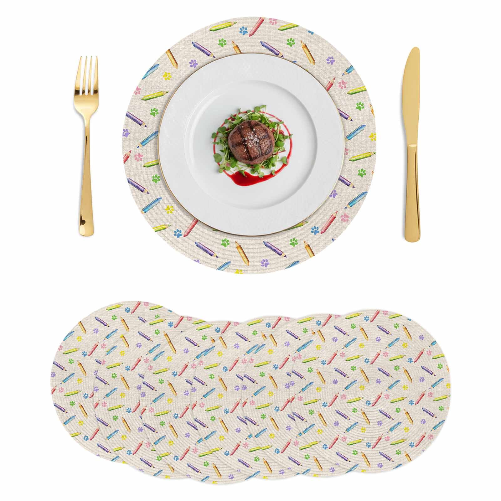 Cartoon Round Placemats Set of 6 Cute Colorful Pencil Paw Print Funny ...